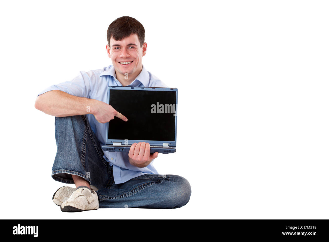 man pointing finger at laptop monitor Stock Photo - Alamy