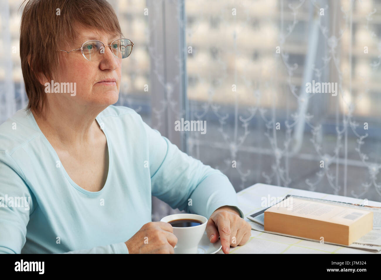 woman newspaper journal cup desk drink drinking bibs female window ...