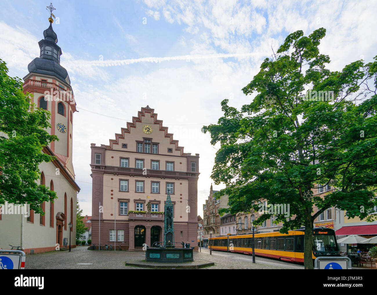 district Karlsruhe-Durlach: church Stadtkirche, Town Hall, Liebesbrunnen (Love Fountain ...