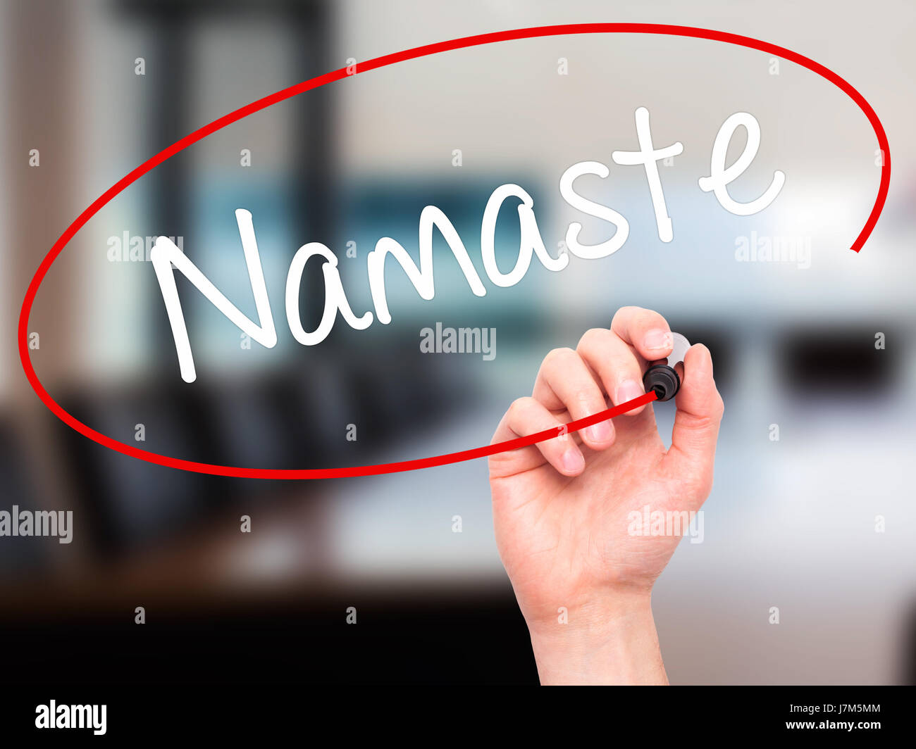 Man Hand writing Namaste with black marker on visual screen. Isolated ...