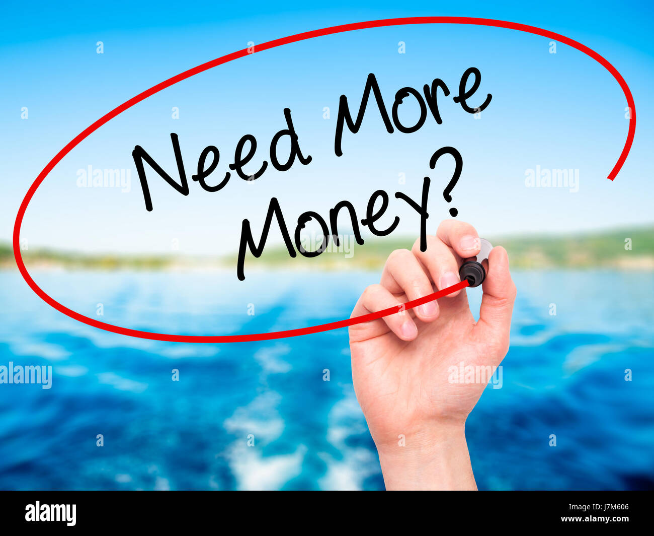 Man Hand writing Need More Money? with black marker on visual screen ...