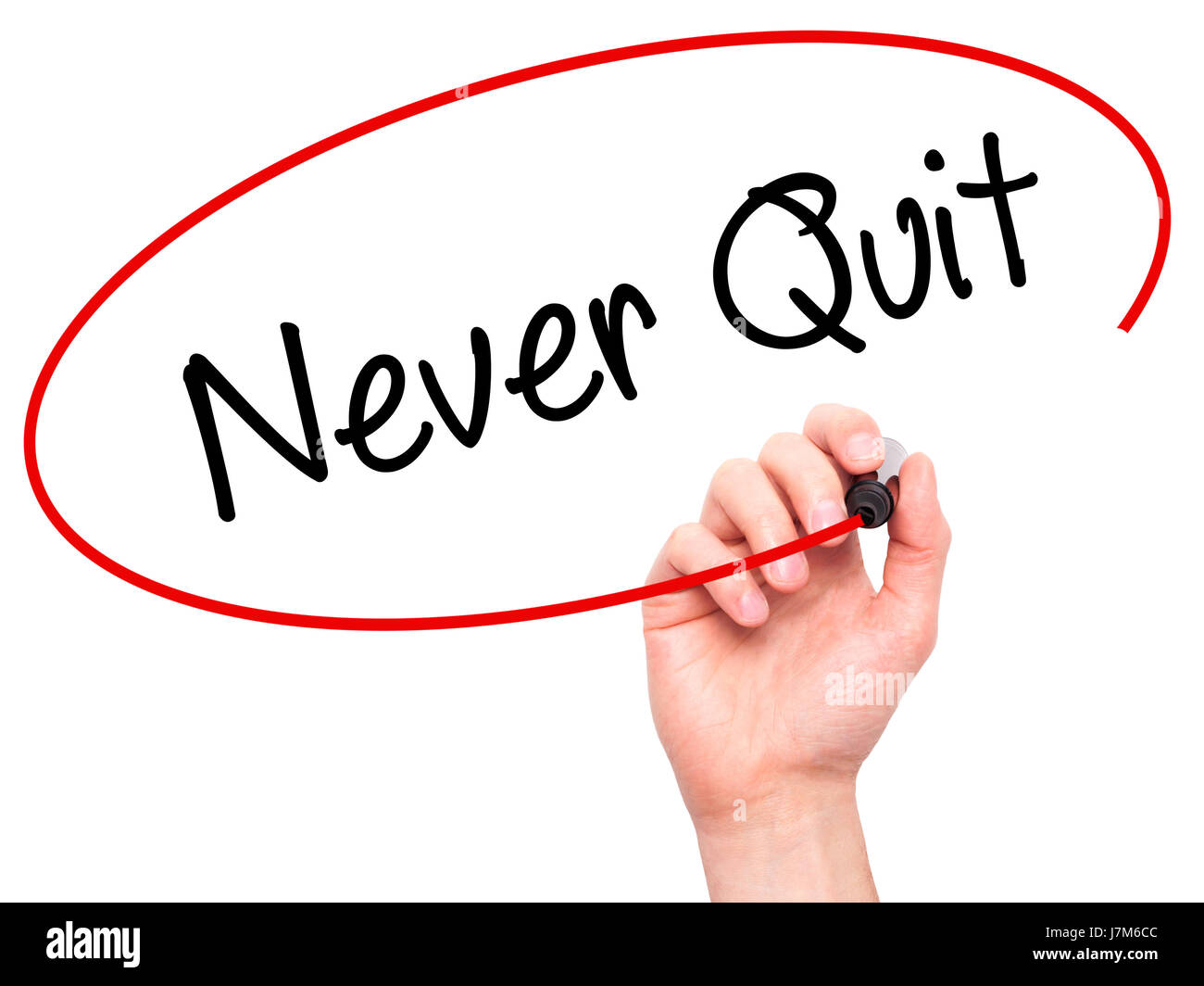 Man Hand writing Never Quit with black marker on visual screen ...