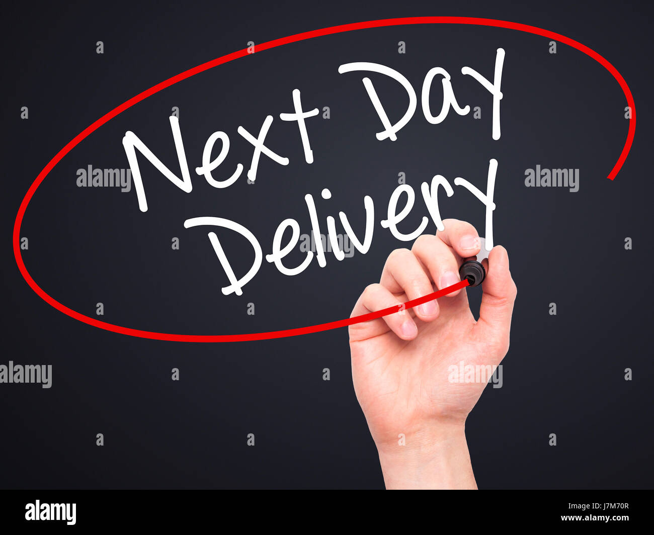 Man Hand writing Next Day Delivery with black marker on visual screen ...