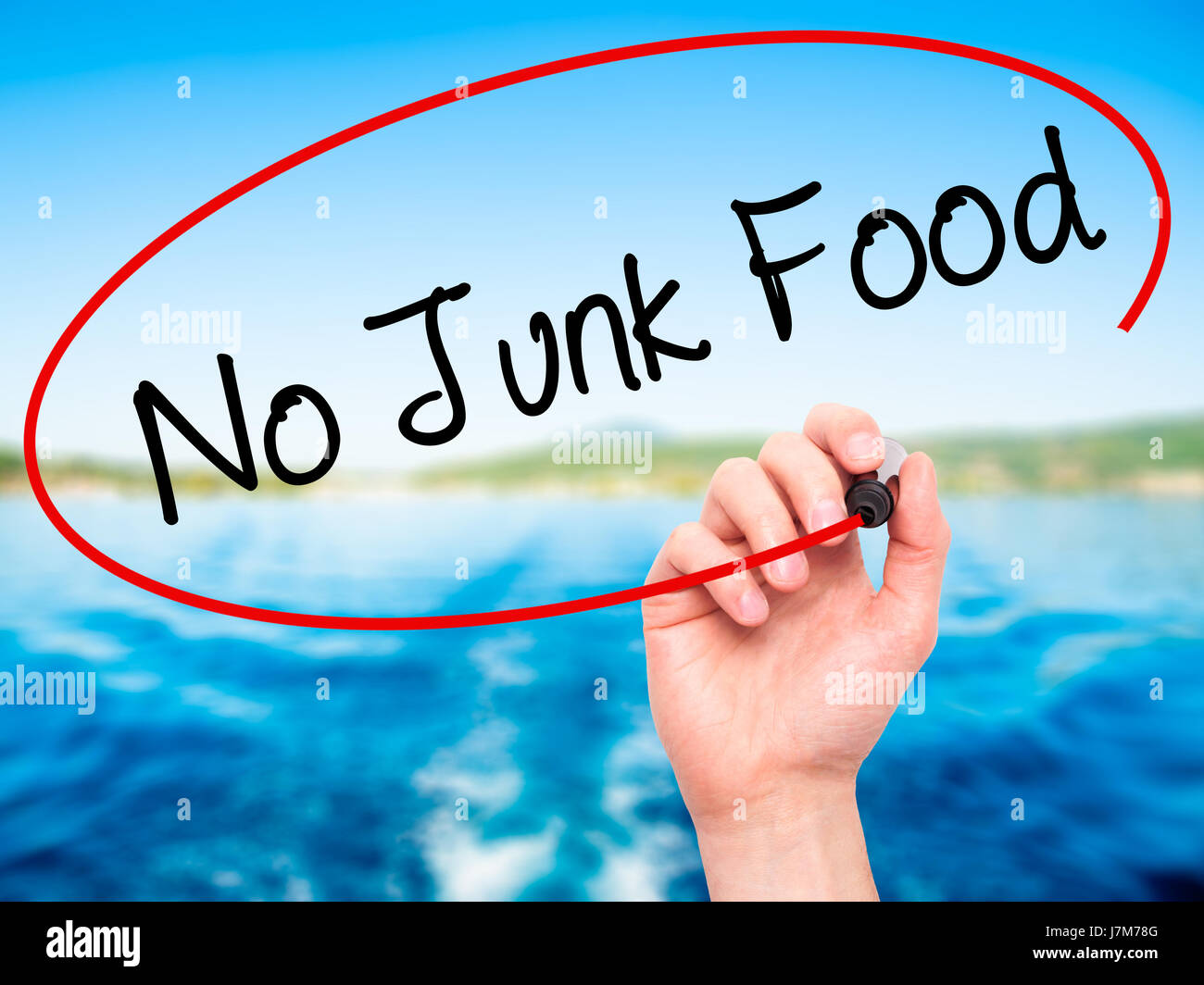 Man Hand writing No Junk Food with black marker on visual screen ...