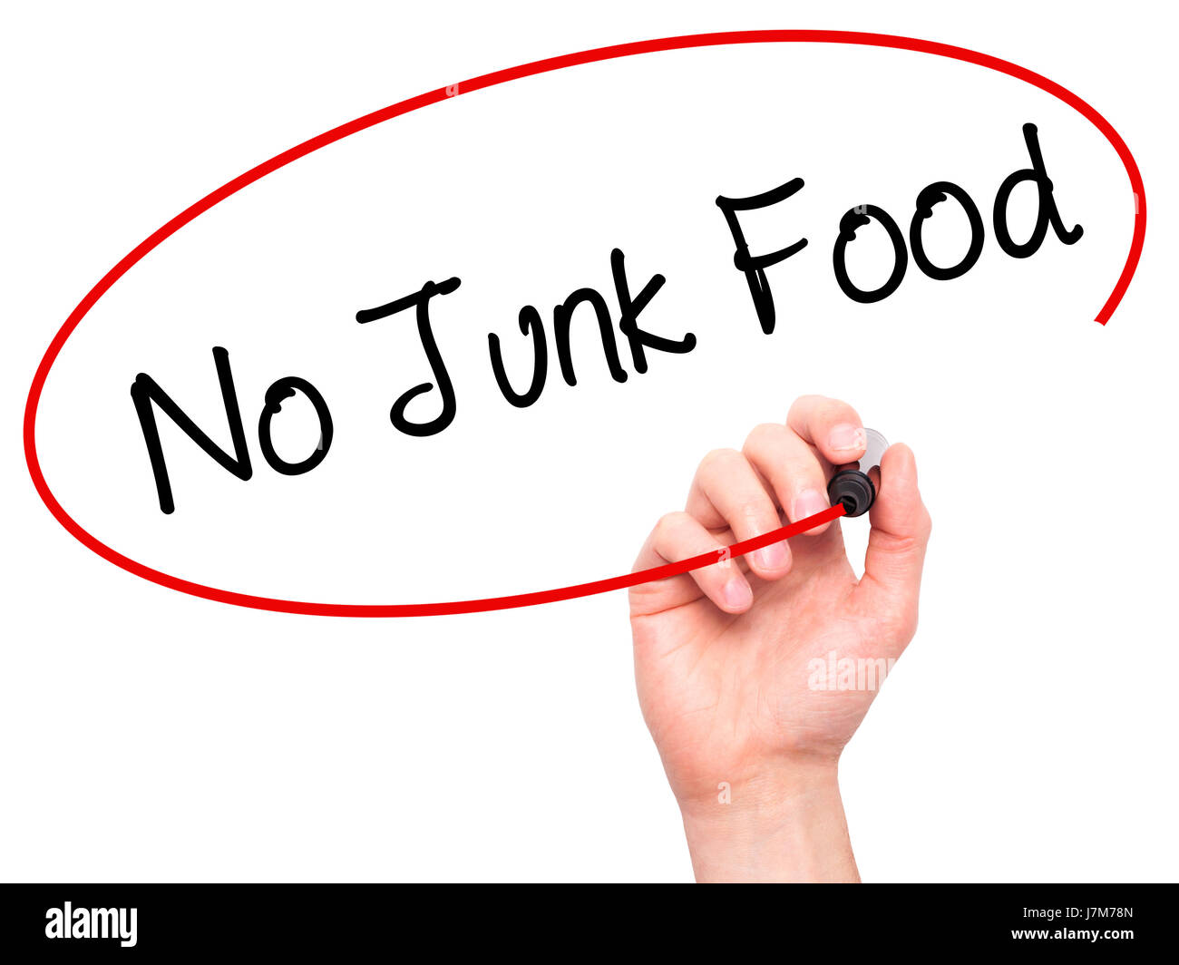 Man Hand writing No Junk Food with black marker on visual screen ...