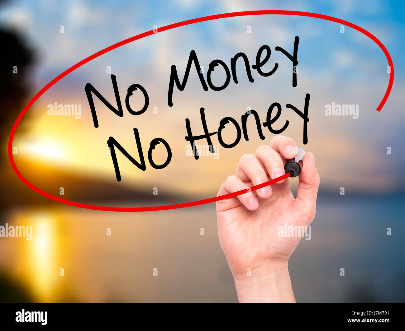 Man Hand writing No Money No Honey with black marker on visual screen ...