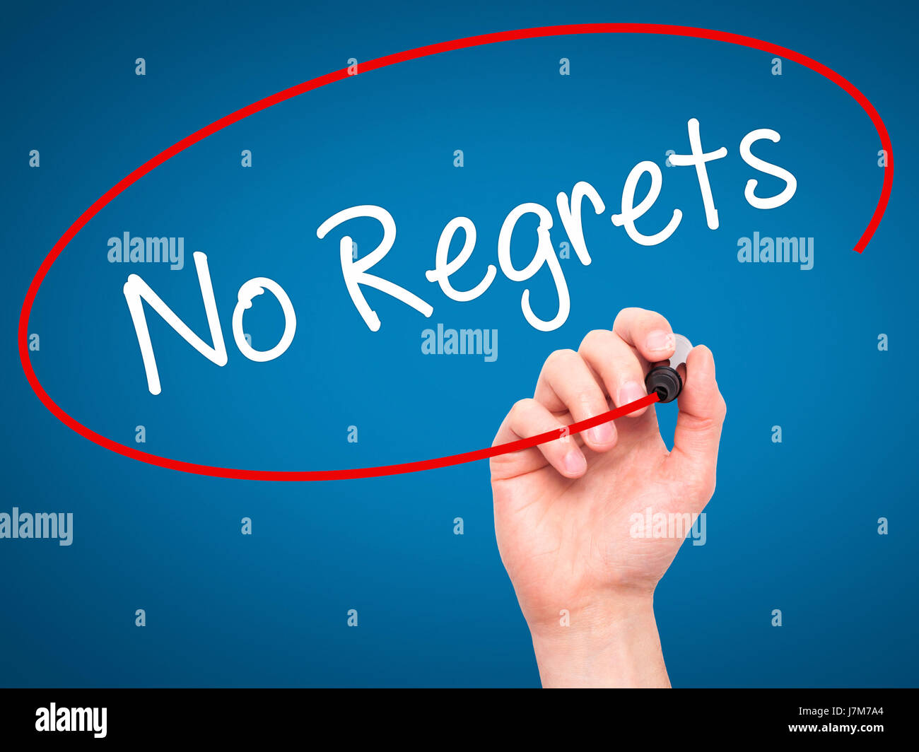 Man Hand writing No Regrets with black marker on visual screen ...