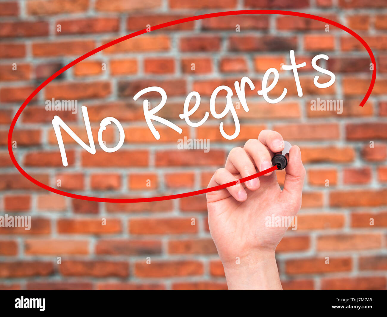 Man Hand writing No Regrets with black marker on visual screen ...