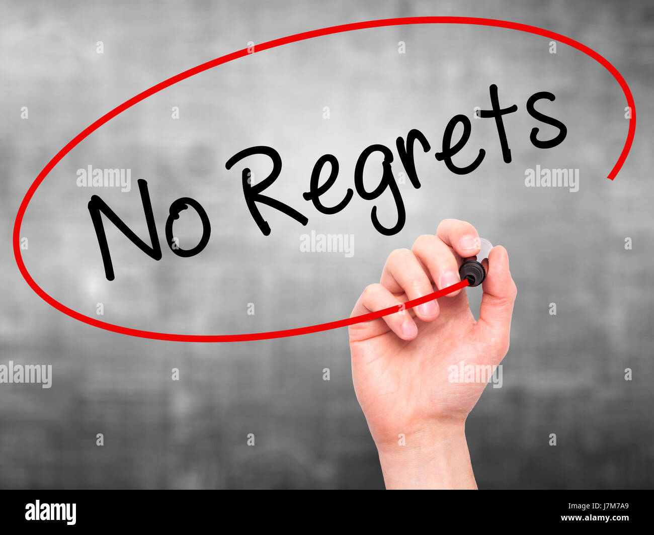 Man Hand writing No Regrets with black marker on visual screen ...