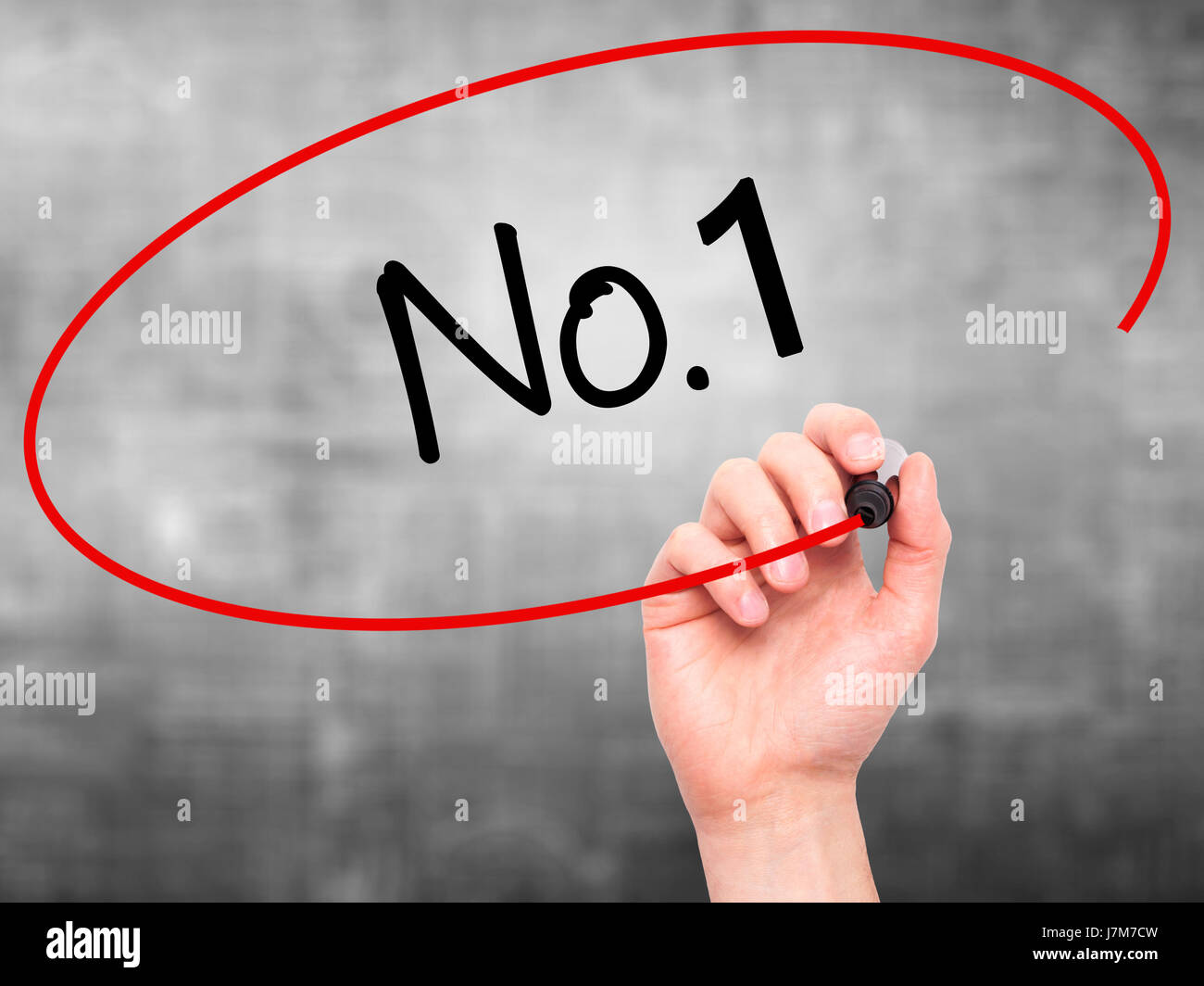 Man Hand writing No.1 with black marker on visual screen. Isolated on ...