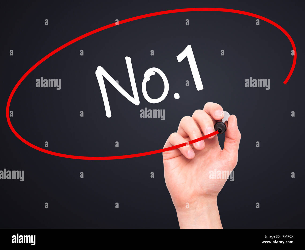 Man Hand writing No.1 with black marker on visual screen. Isolated on ...