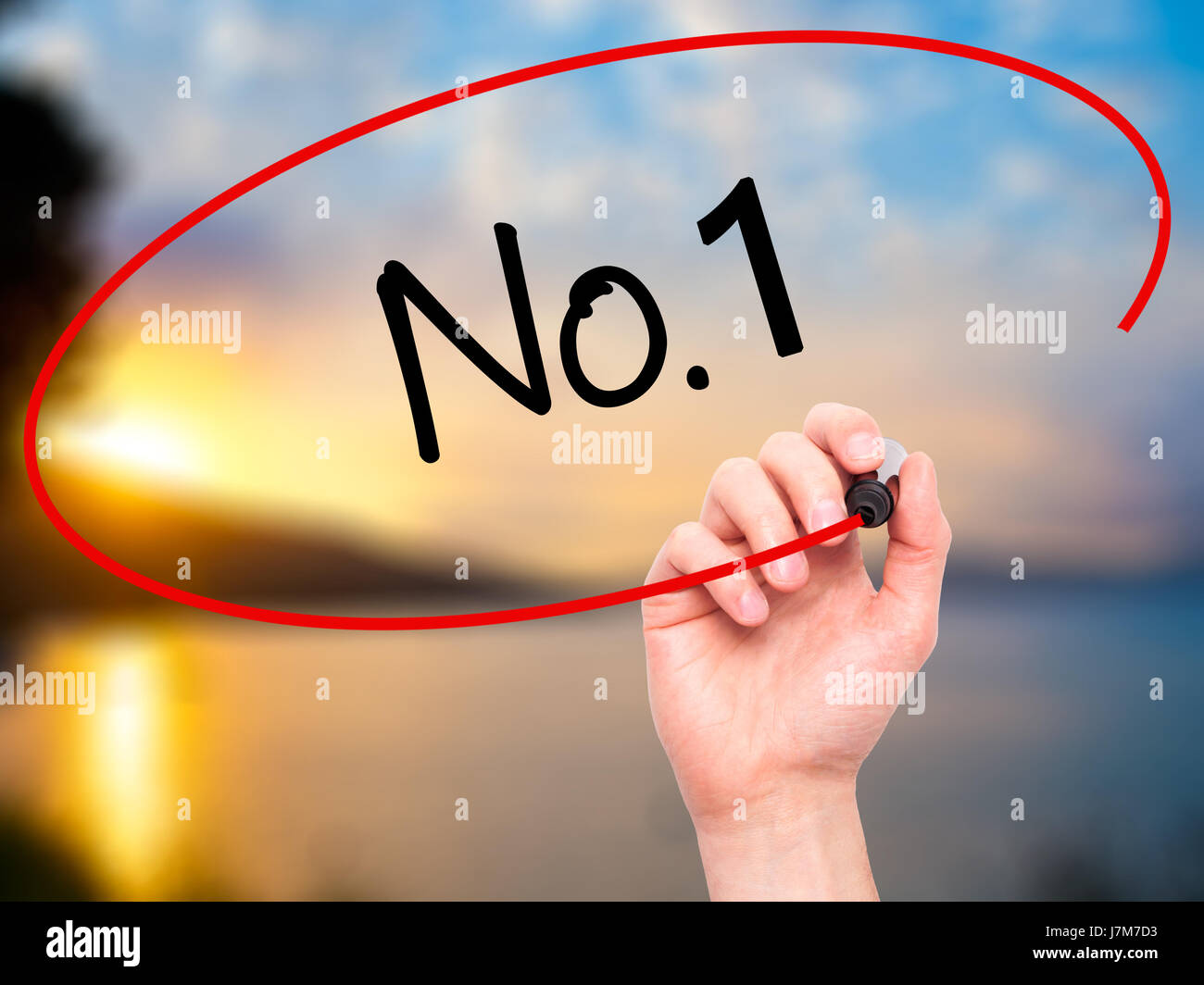 Man Hand writing No.1 with black marker on visual screen. Isolated on ...