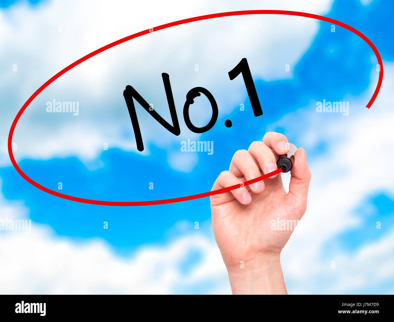 Man Hand writing No.1 with black marker on visual screen. Isolated on ...