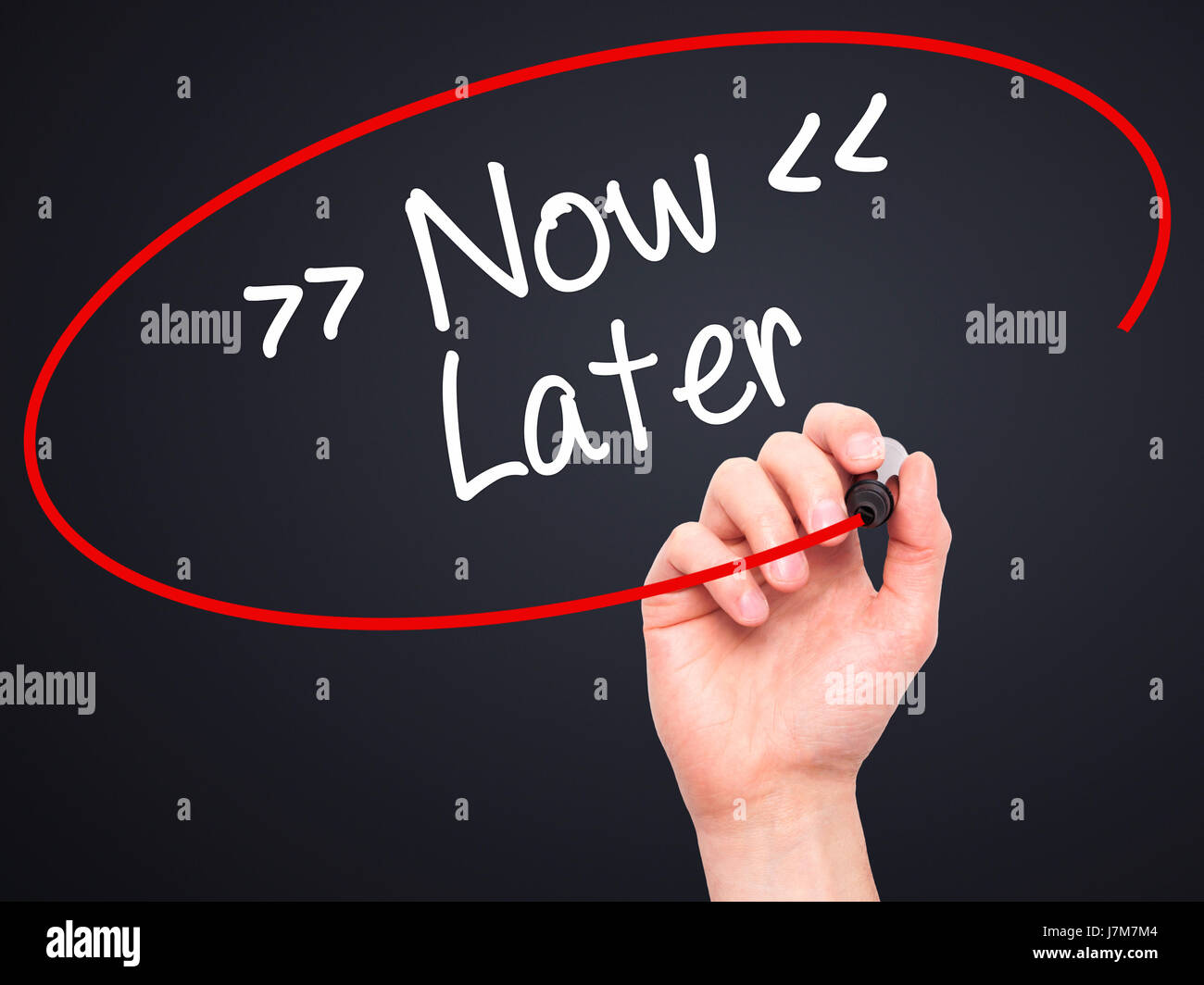 Man Hand writing Now/Later with black marker on visual screen. Isolated ...