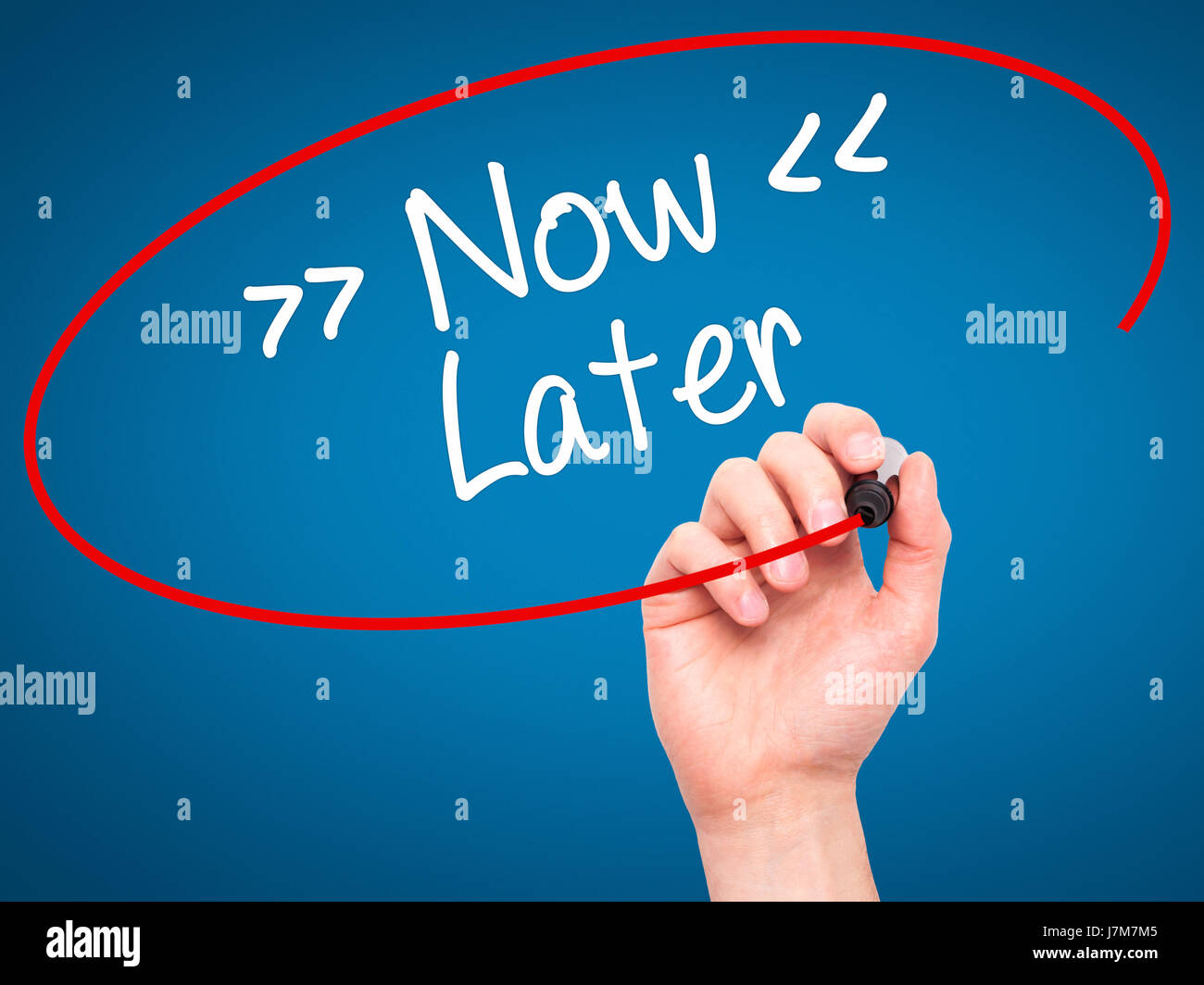 Man Hand writing Now/Later with black marker on visual screen. Isolated ...