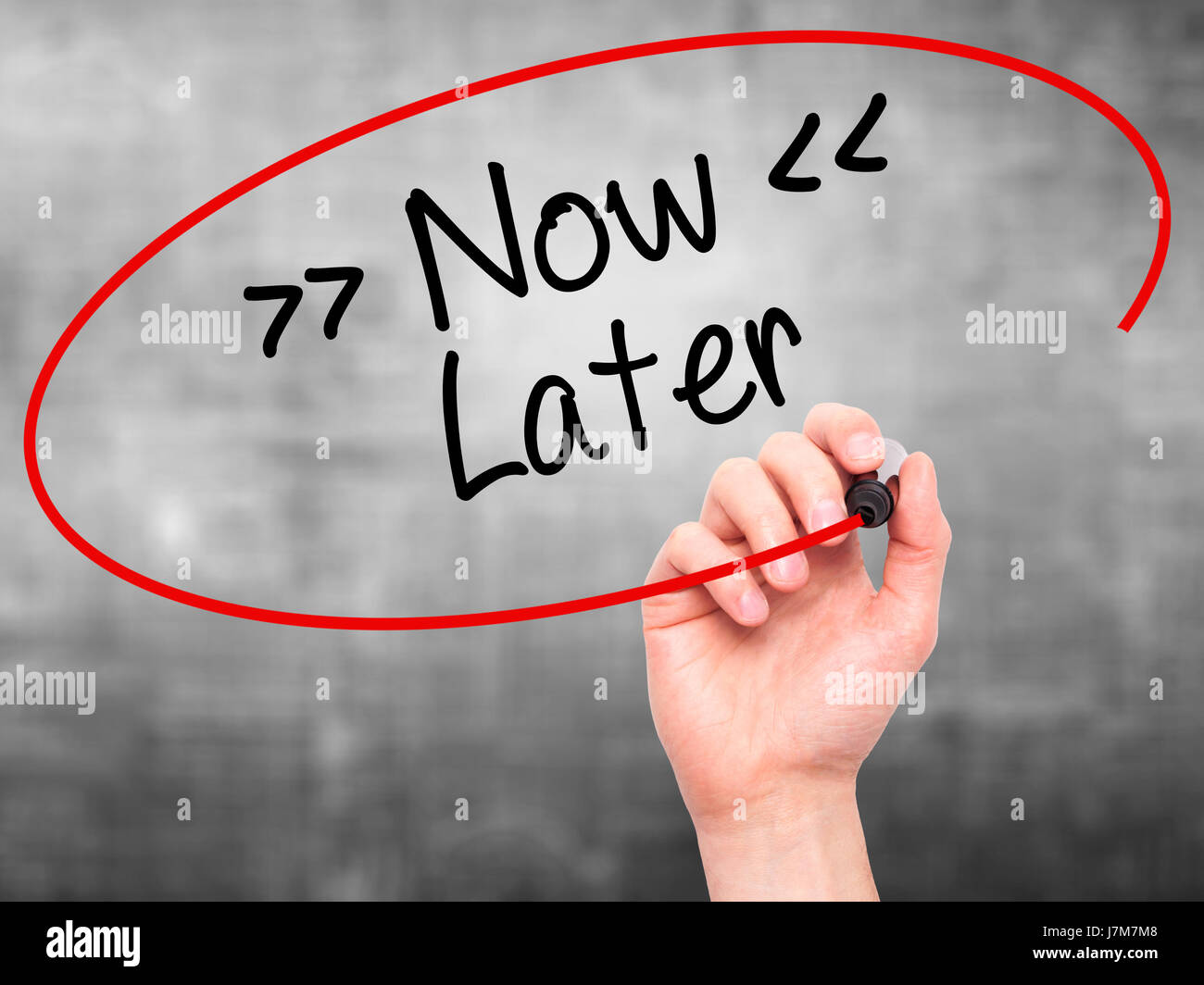 Man Hand writing Now/Later with black marker on visual screen. Isolated ...