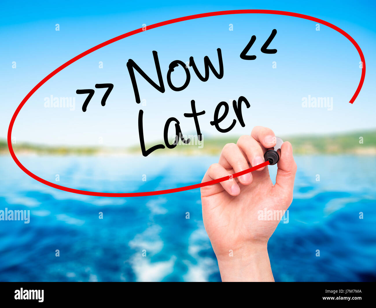 Man Hand writing Now/Later with black marker on visual screen. Isolated ...