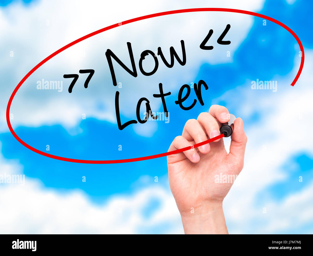 Man Hand writing Now/Later with black marker on visual screen. Isolated ...