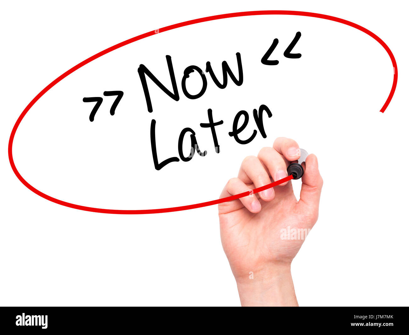 Man Hand writing Now/Later with black marker on visual screen. Isolated ...