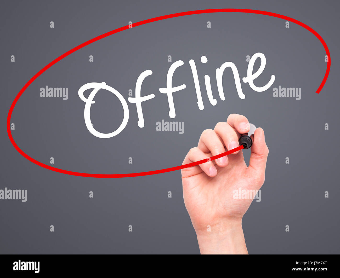Man Hand writing Offline with black marker on visual screen. Isolated ...