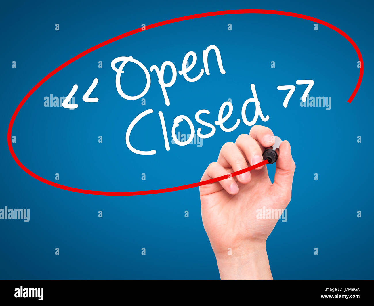 Man Hand writing Open - Closed with black marker on visual screen ...