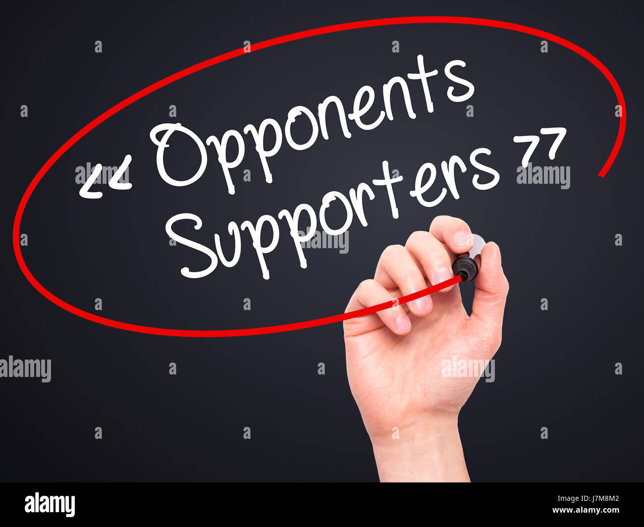 Man Hand writing Opponents - Supporters with black marker on visual ...