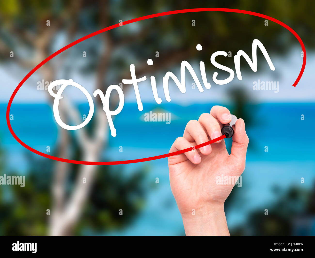 Man Hand writing Optimism with black marker on visual screen. Isolated ...