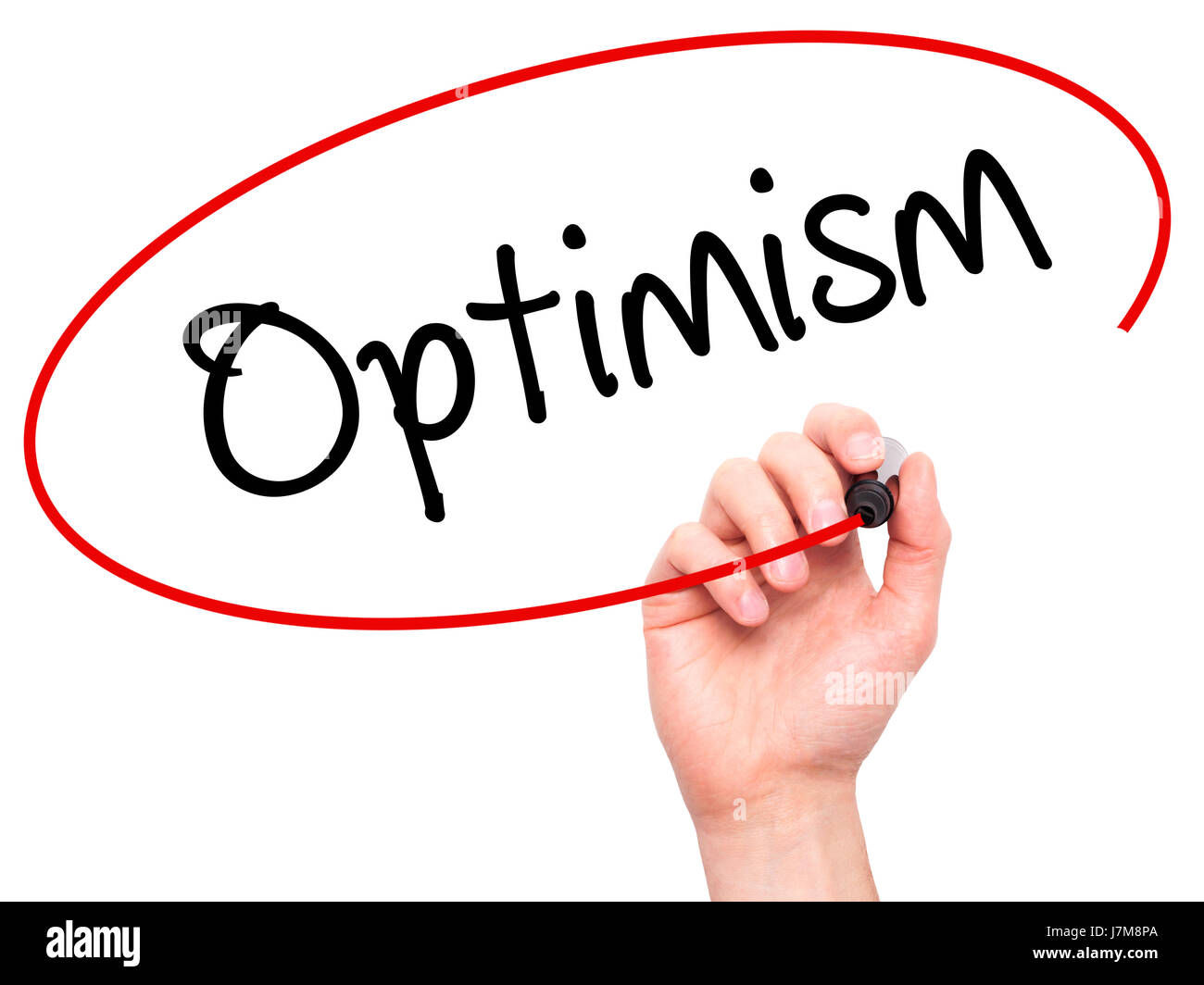 Man Hand writing Optimism with black marker on visual screen. Isolated ...