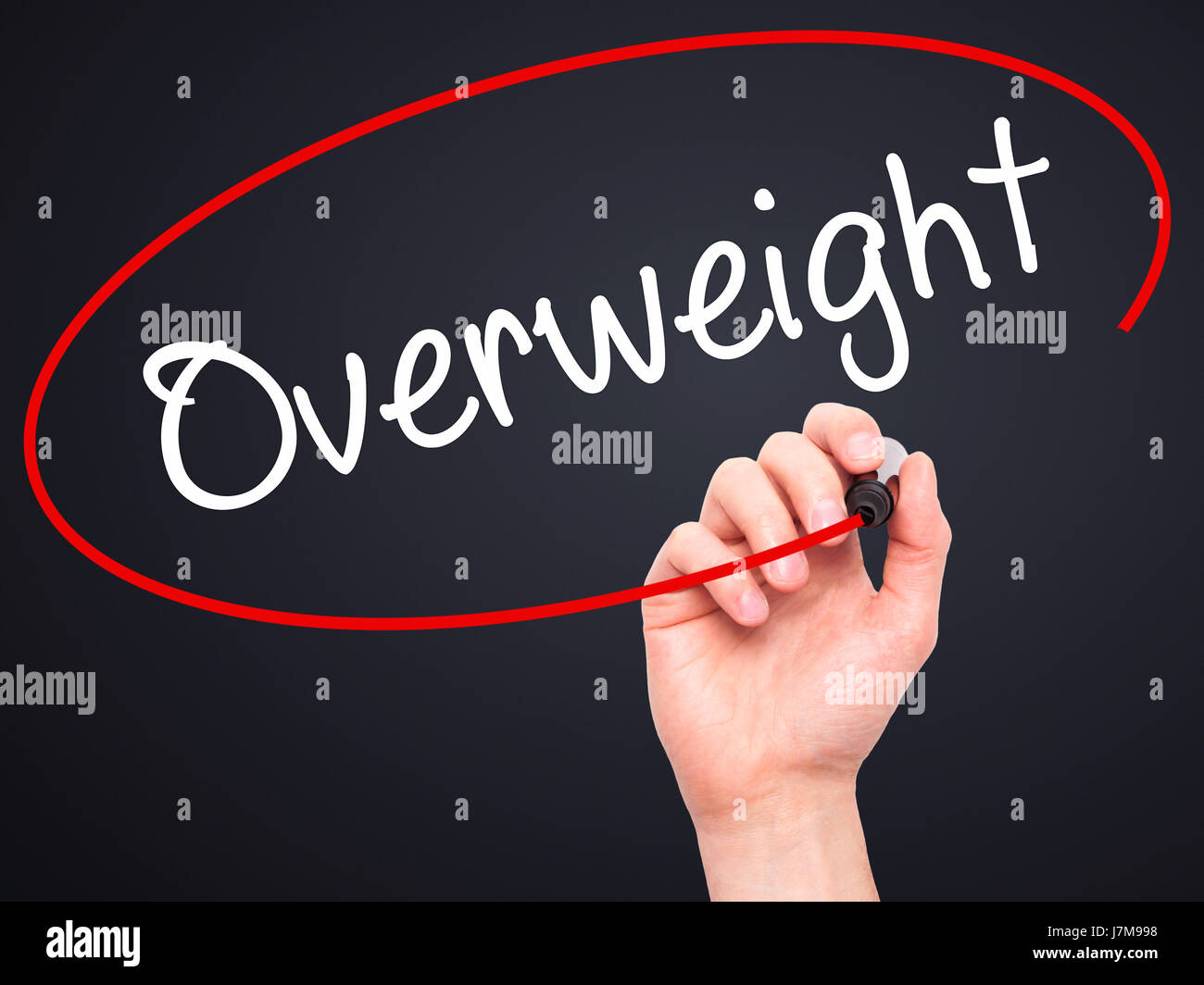 Man Hand writing Overweight with black marker on visual screen ...