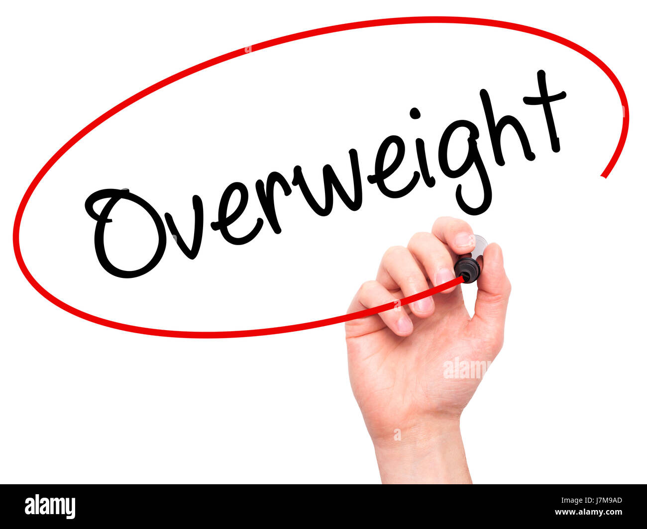 Man Hand writing Overweight with black marker on visual screen ...