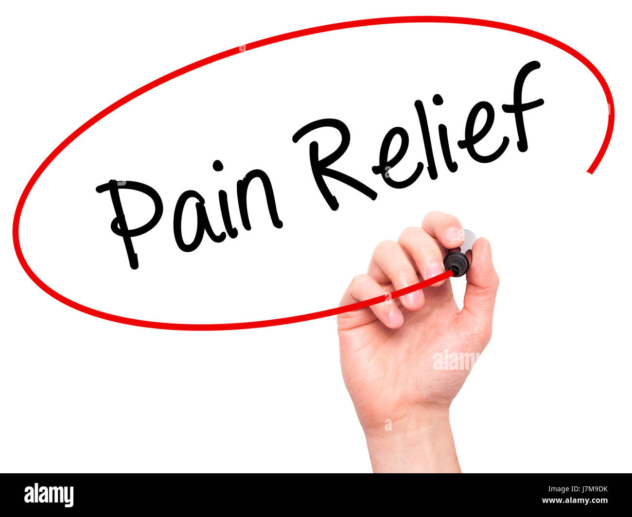 Man Hand writing Pain Relief with black marker on visual screen ...