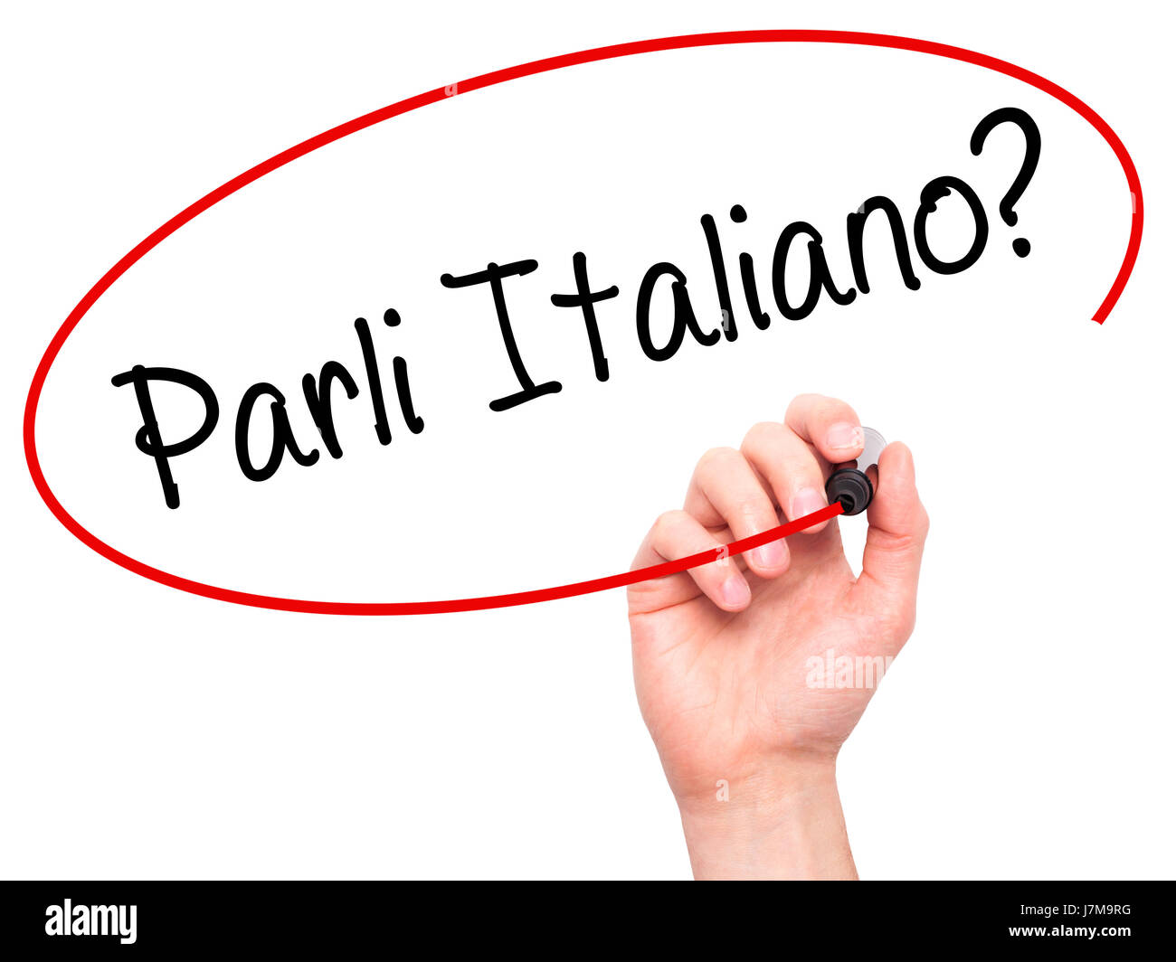 Man Hand writing Parli Italiano? with black marker on visual screen ...