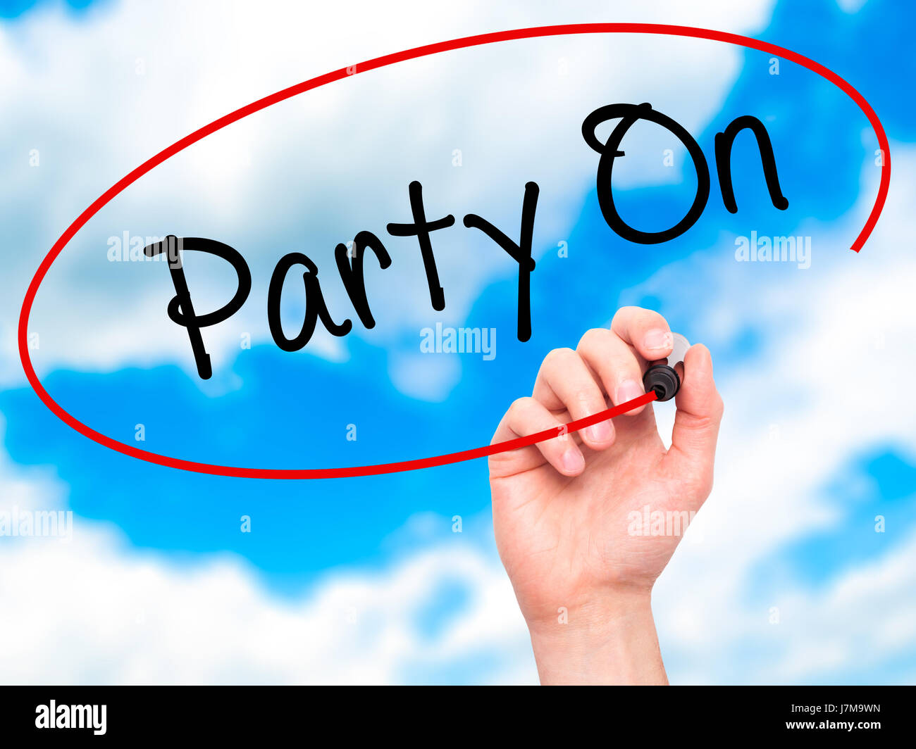 Man Hand writing Party On with black marker on visual screen. Isolated ...