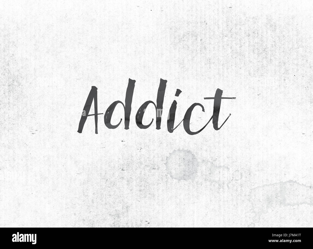 The word Addict concept and theme painted in black ink on a watercolor ...