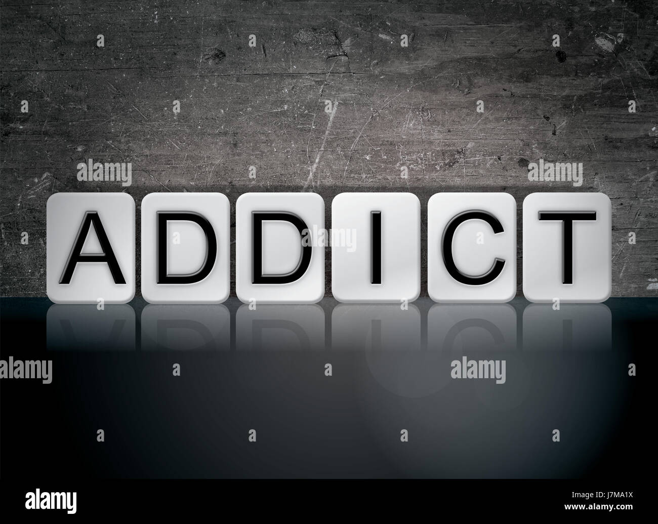The word Addict concept and theme written in white tiles on a dark ...