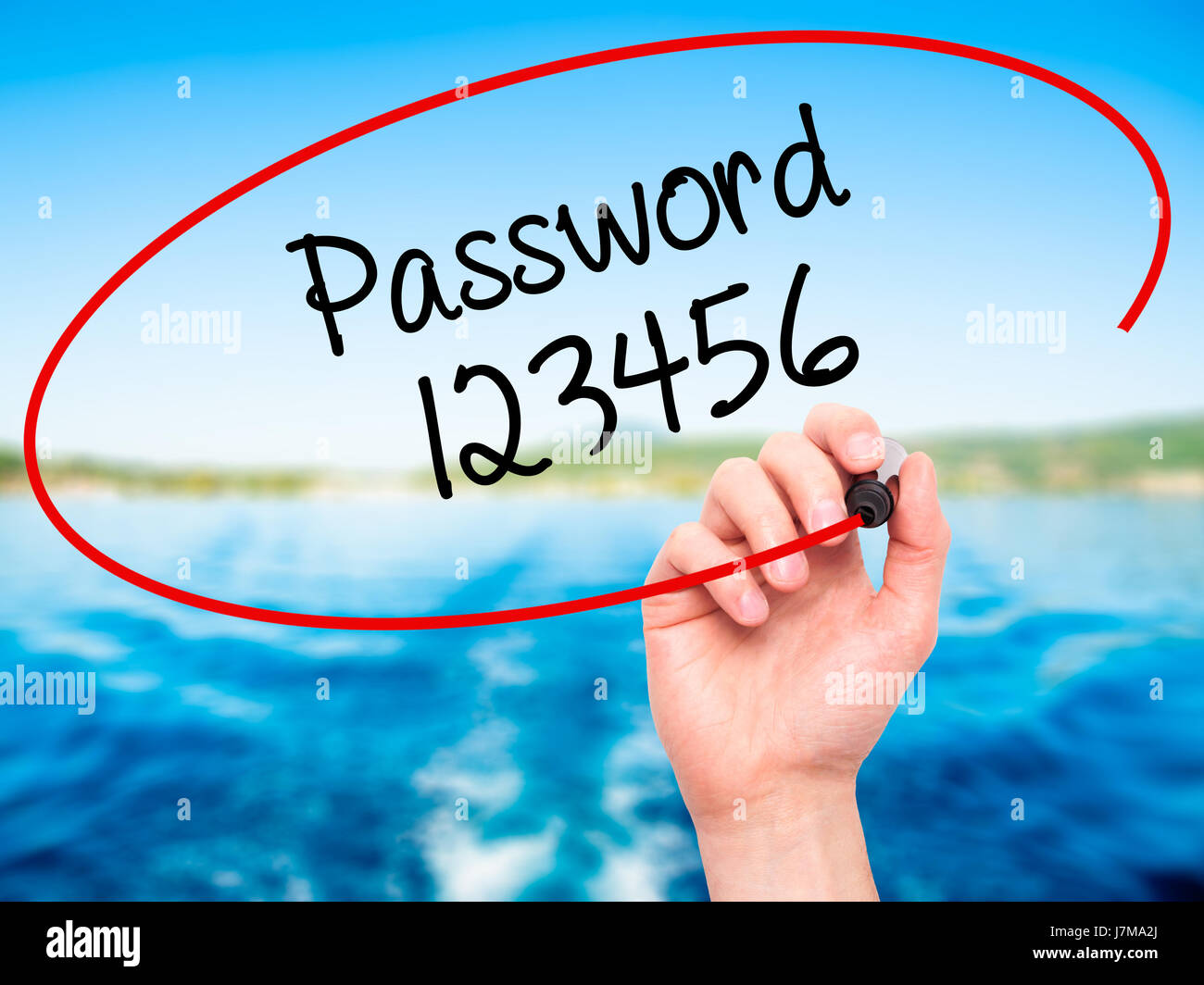 Man Hand writing Password 123456 with black marker on visual screen ...