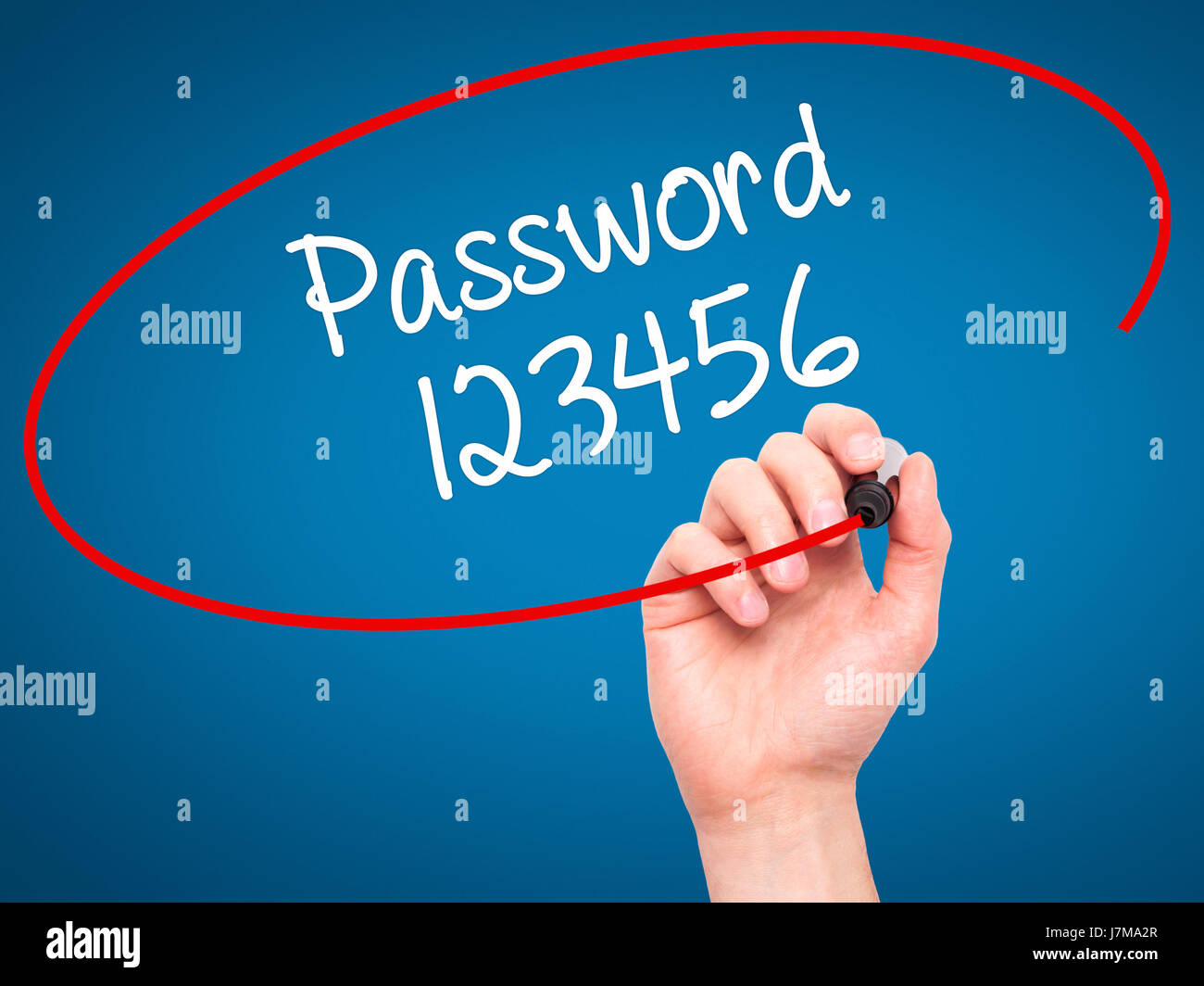 Man Hand writing Password 123456 with black marker on visual screen ...