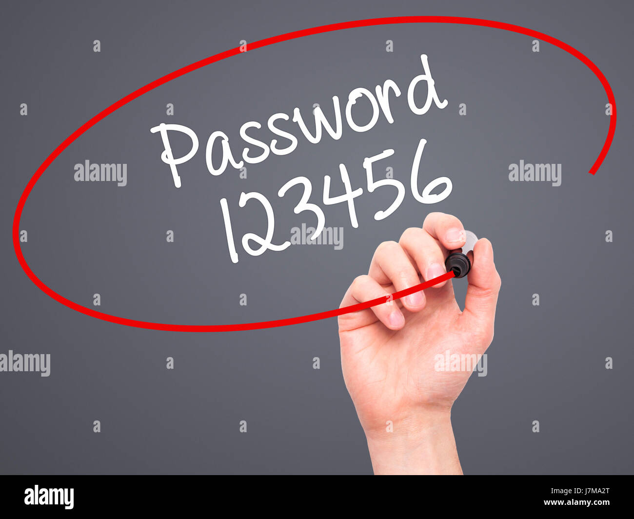 Man Hand writing Password 123456 with black marker on visual screen ...