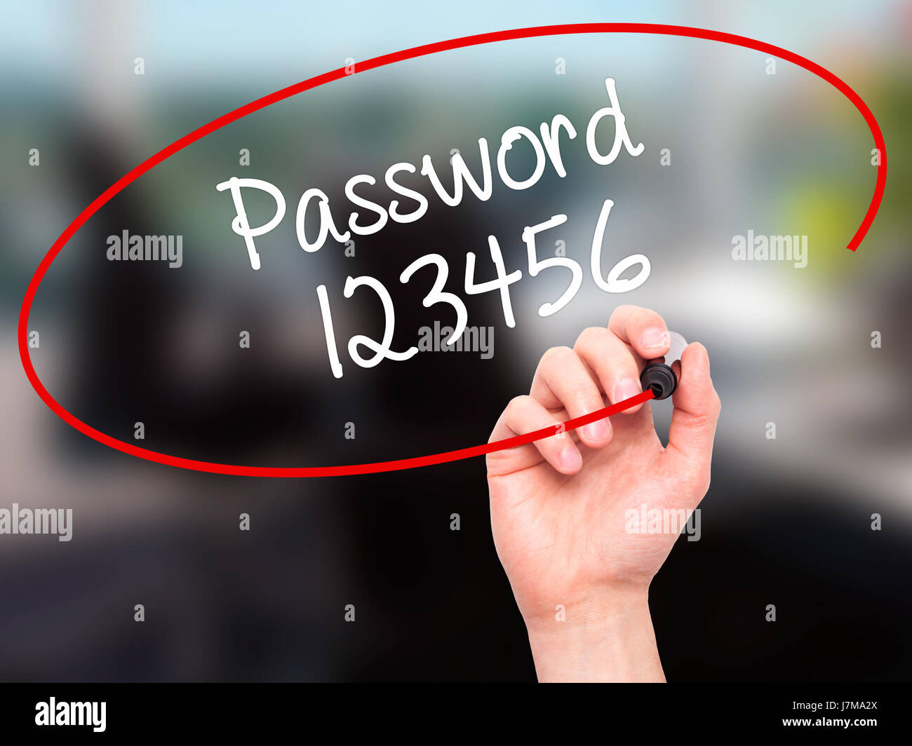 Man Hand writing Password 123456 with black marker on visual screen ...