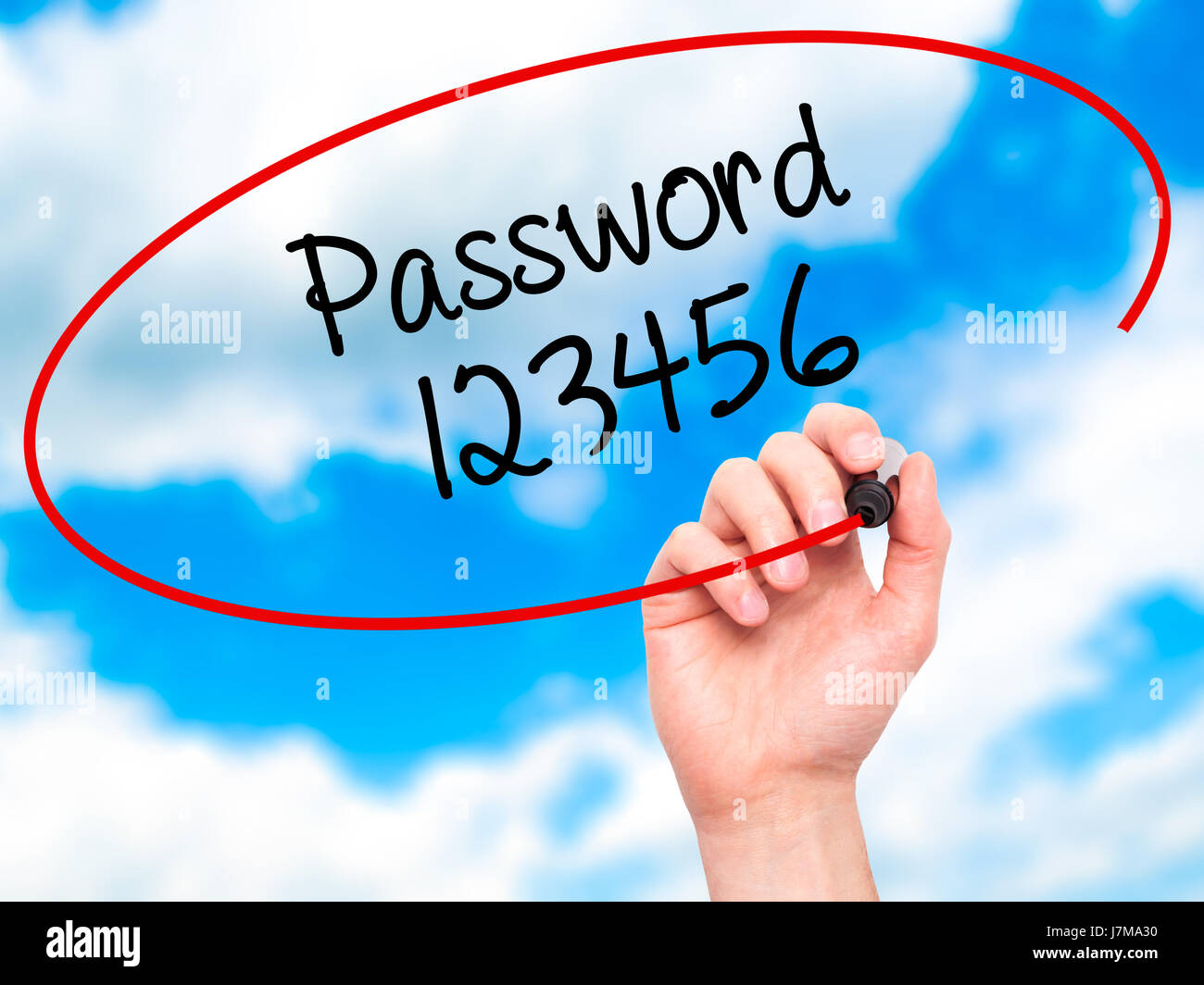 Man Hand writing Password 123456 with black marker on visual screen ...
