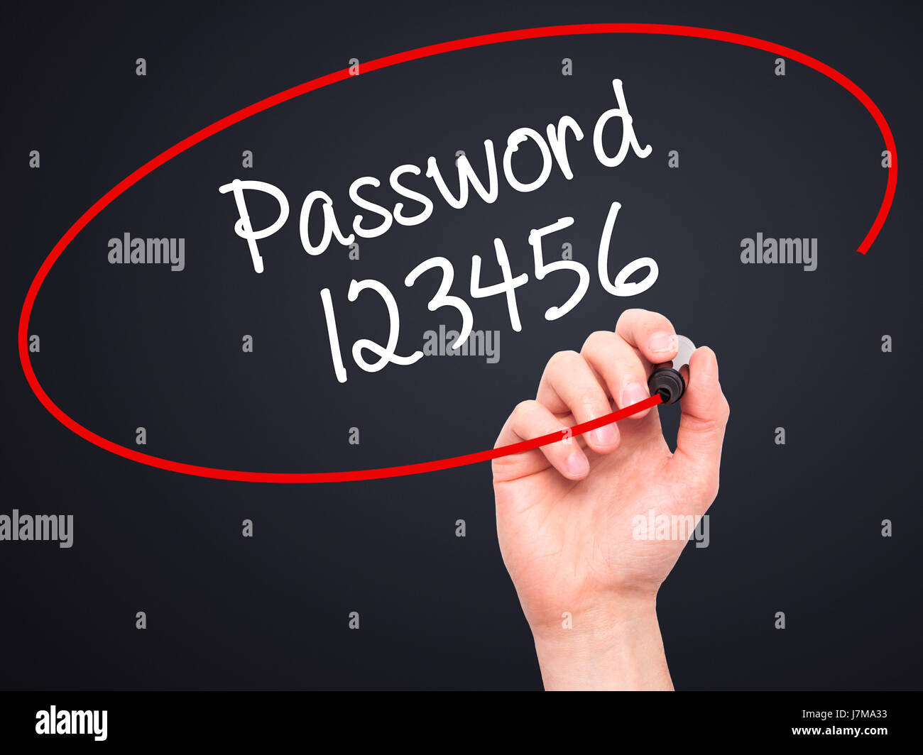 Man Hand writing Password 123456 with black marker on visual screen ...