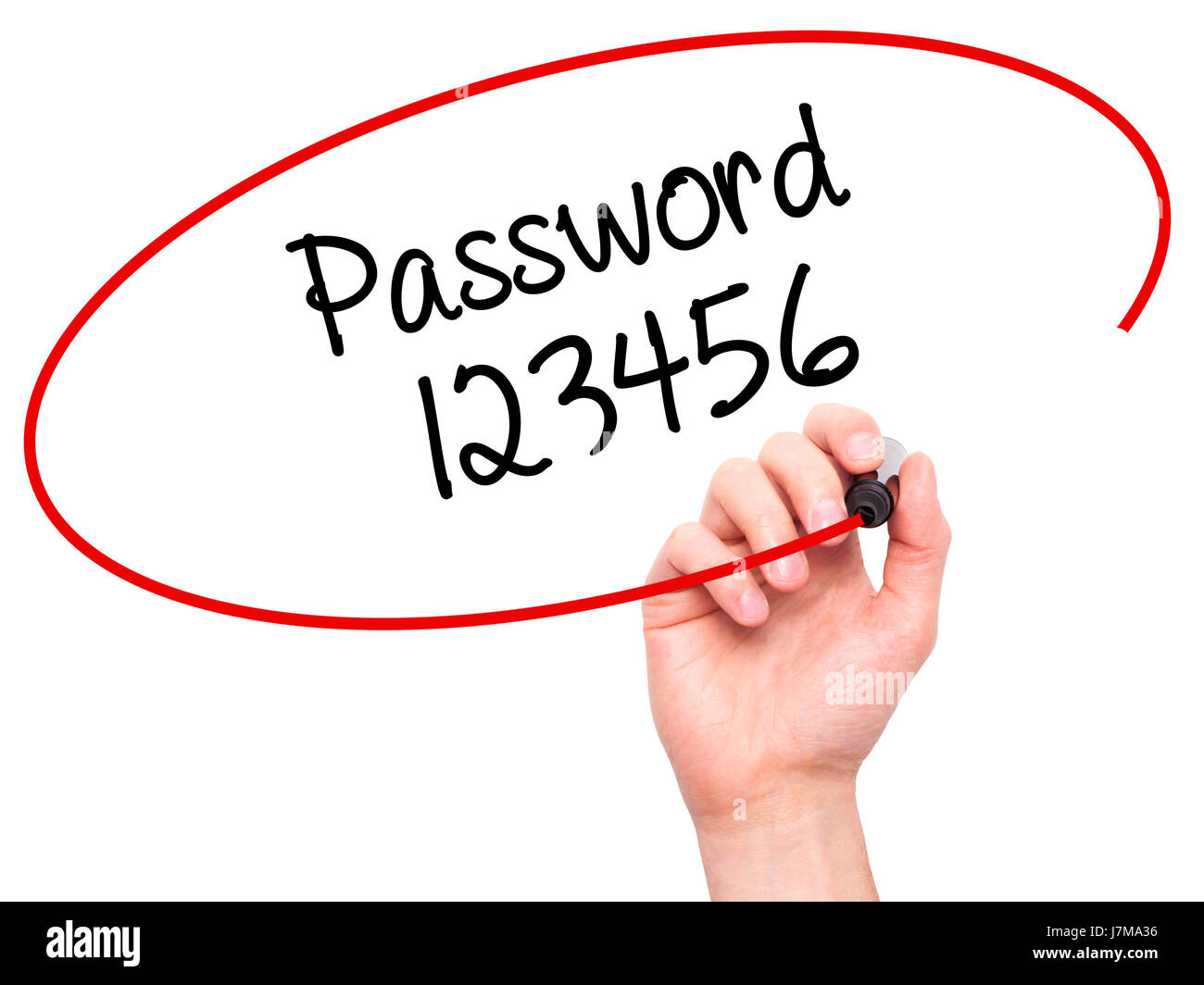 Man Hand writing Password 123456 with black marker on visual screen ...