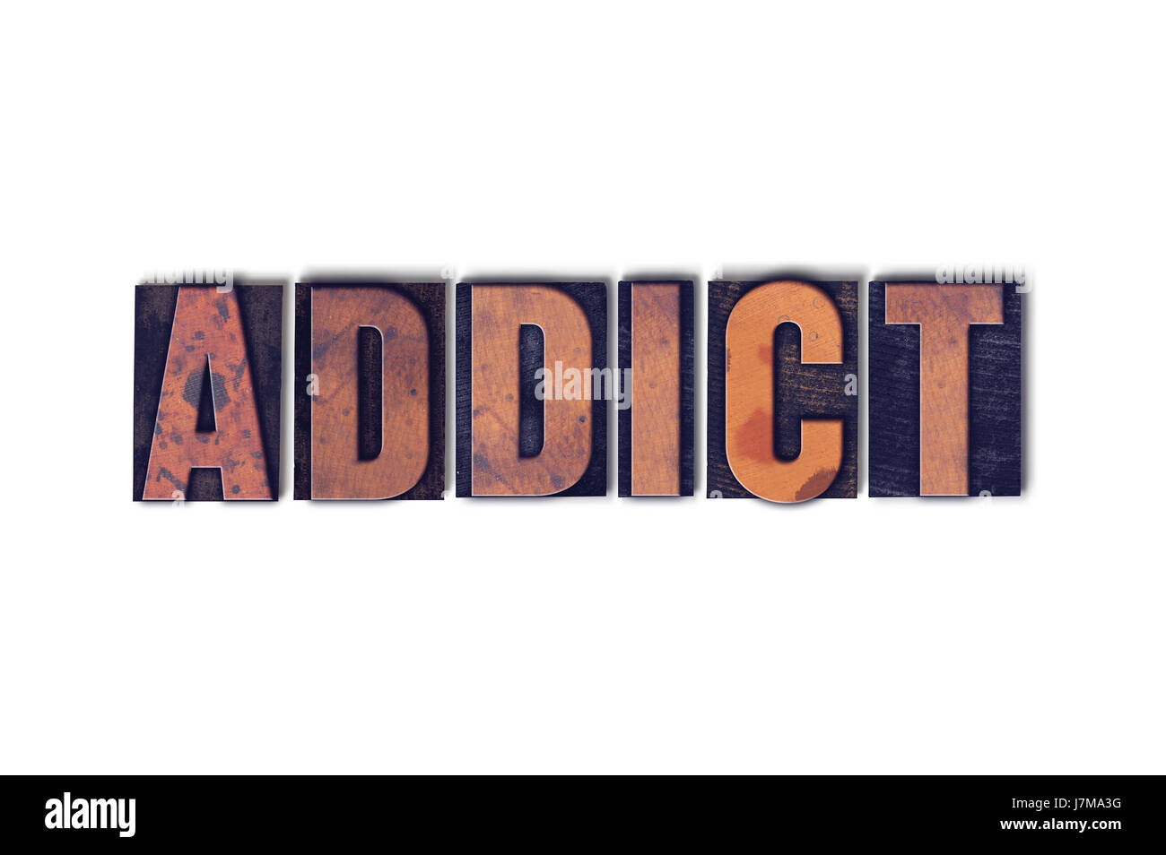 The word Addict concept and theme written in vintage wooden letterpress ...