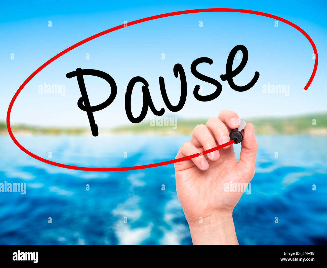 Man Hand writing Pause with black marker on visual screen. Isolated on ...