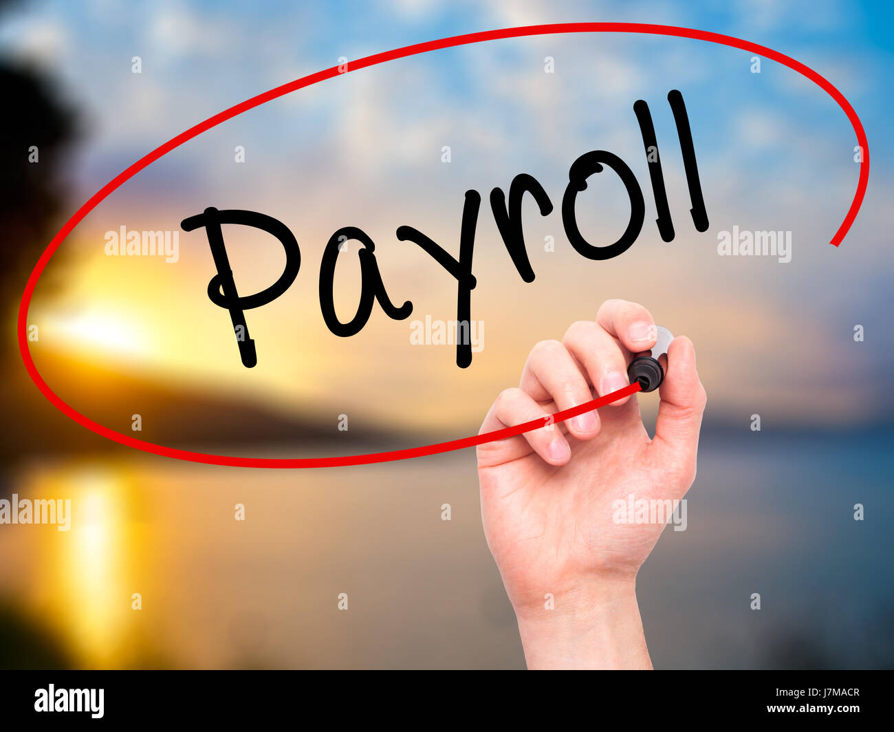 Man Hand writing Payroll with black marker on visual screen. Isolated ...