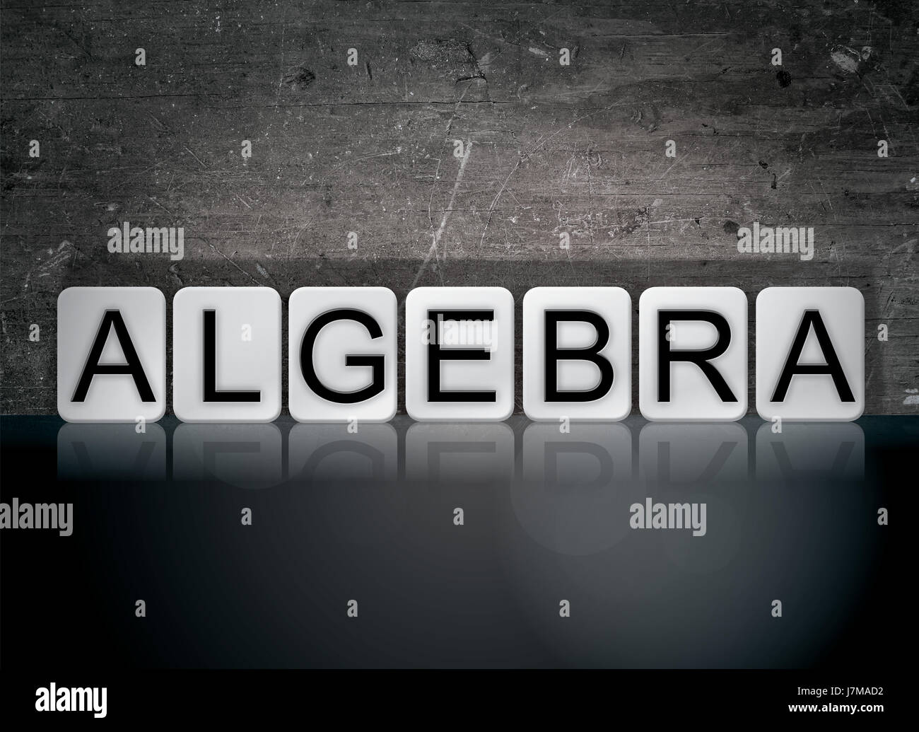 The word Algebra concept and theme written in white tiles on a dark ...