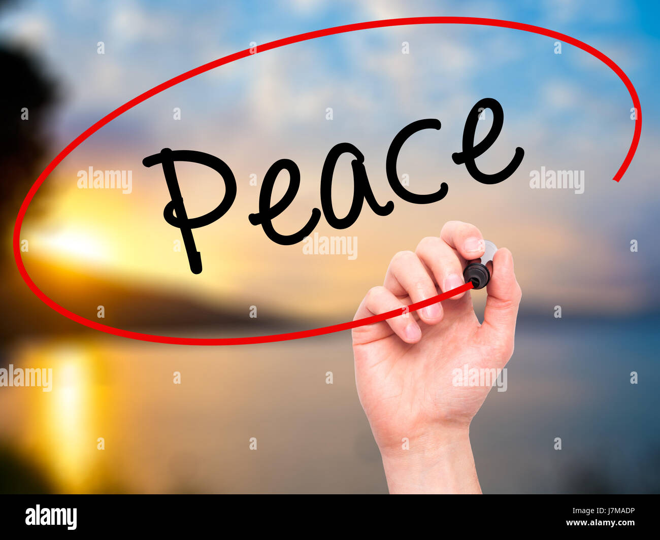 Man Hand writing Peace with black marker on visual screen. Isolated on ...