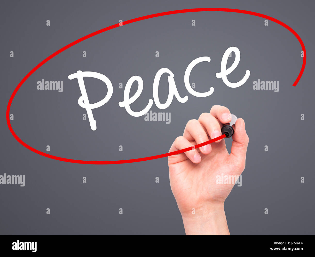 Man Hand writing Peace with black marker on visual screen. Isolated on ...