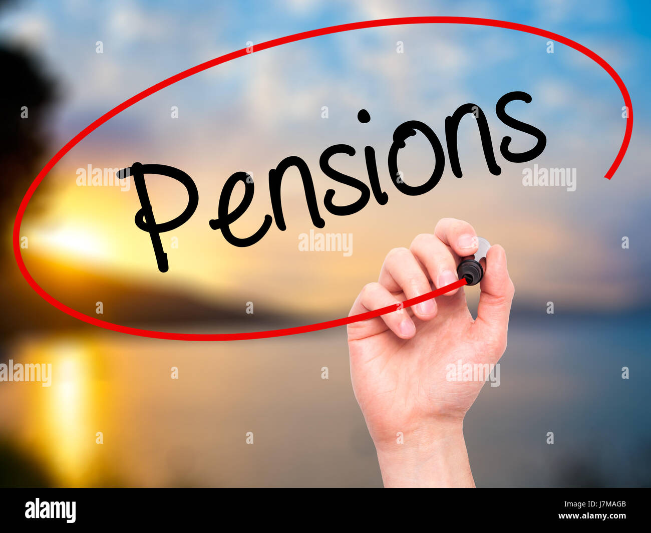 Man Hand writing Pensions with black marker on visual screen. Isolated ...