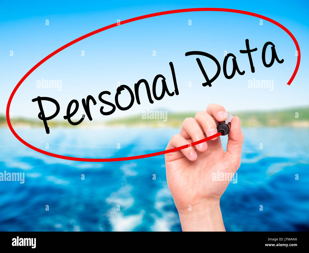 Man Hand writing Personal Data with black marker on visual screen ...